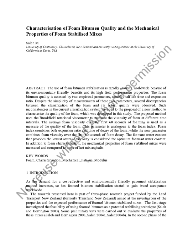 (PDF) Characterisation of Foam Bitumen Quality and the Mechanical ...