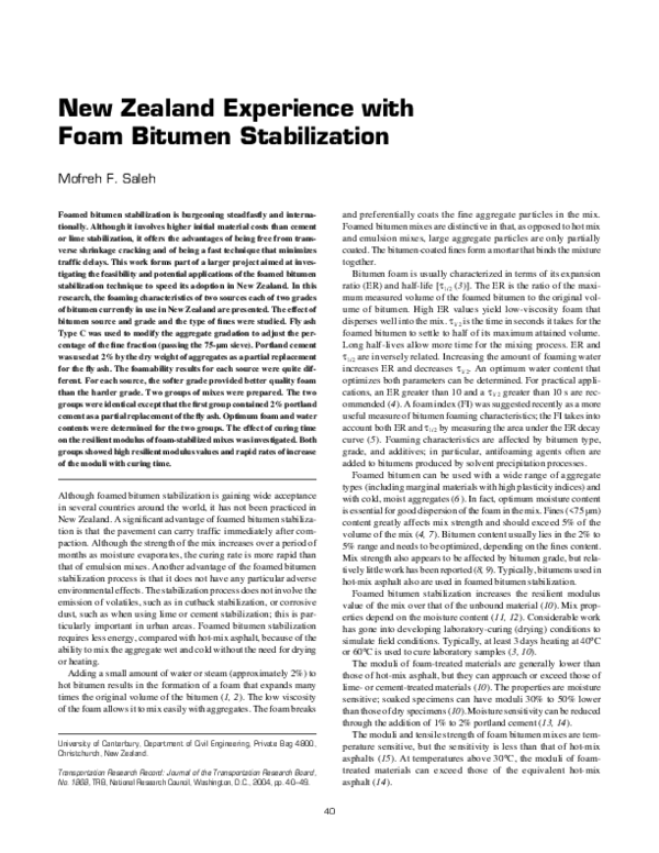 (PDF) New Zealand Experience with Foam Bitumen Stabilization