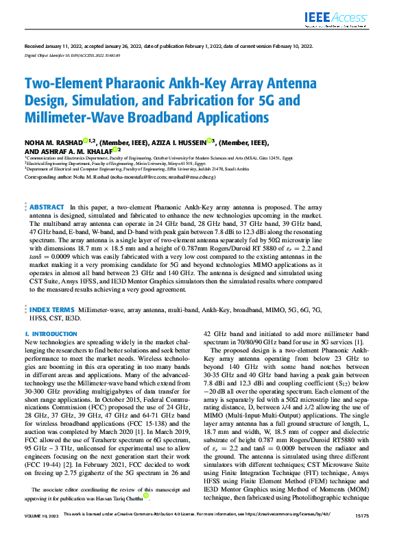 (PDF) Two-Element Pharaonic Ankh-Key Array Antenna Design, Simulation, and Fabrication for 5G ...
