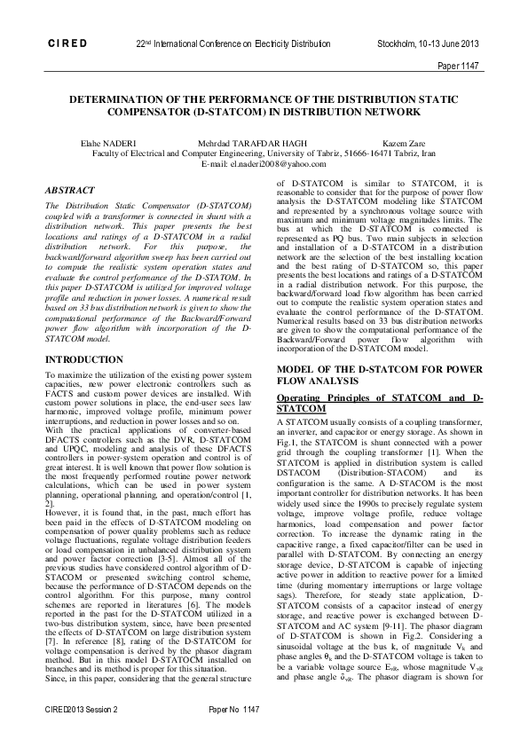 Pdf Determination Of The Performance Of The Distribution Static Compensator D Statcom In