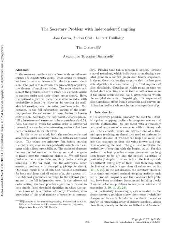 (PDF) The Secretary Problem with Independent Sampling