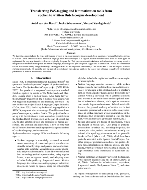 (PDF) Transferring PoS-tagging and lemmatization tools from spoken to written Dutch corpus ...