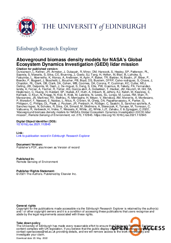 (PDF) Aboveground biomass density models for NASA’s Global Ecosystem ...