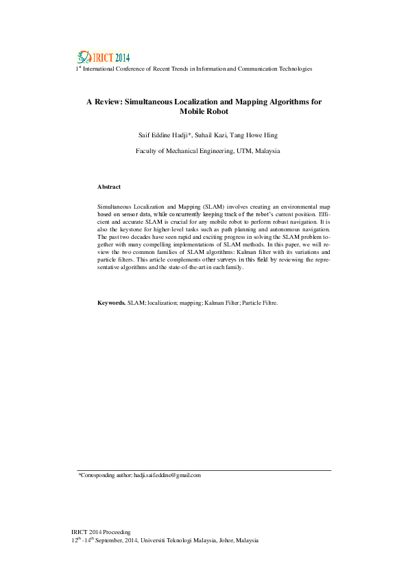 Pdf A Review Simultaneous Localization And Mapping Algorithms