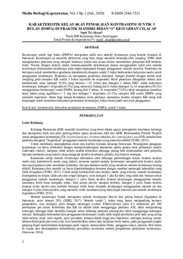 (PDF) Karakteristik Kelayakan Pemakaian Kontrasepsi Suntik 3 Bulan (Dmpa) DI Praktik Mandiri ...
