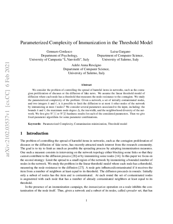 (PDF) Parameterized Complexity of Immunization in the Threshold Model