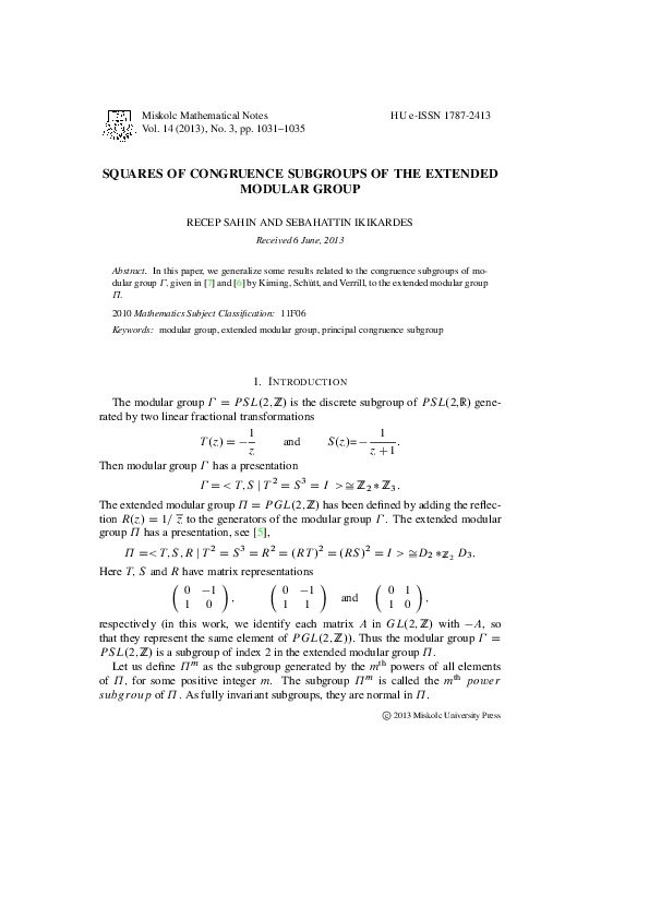 Pdf Squares Of Congruence Subgroups Of The Extended Modular Group