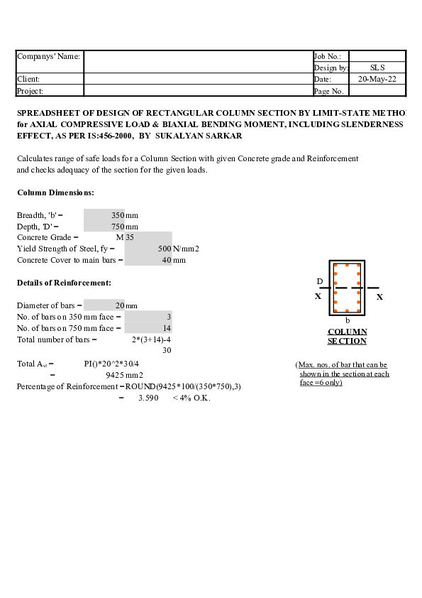 (XLS) Rectangular Column Design by IS Code