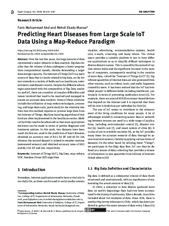 (PDF) Predicting Heart Diseases from Large Scale IoT Data Using a Map ...