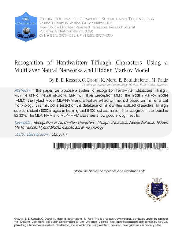 Pdf Recognition Of Handwritten Tifinagh Characters Using A Multilayer Neural Networks And