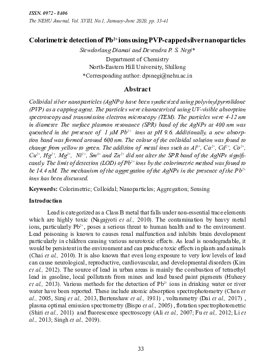 Pdf Colorimetric Detection Of Pb2 Ions Using Pvp Capped Silver Nanoparticles