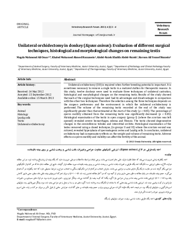 (PDF) Unilateral orchidectomy in donkey (Equus asinus): Evaluation of ...