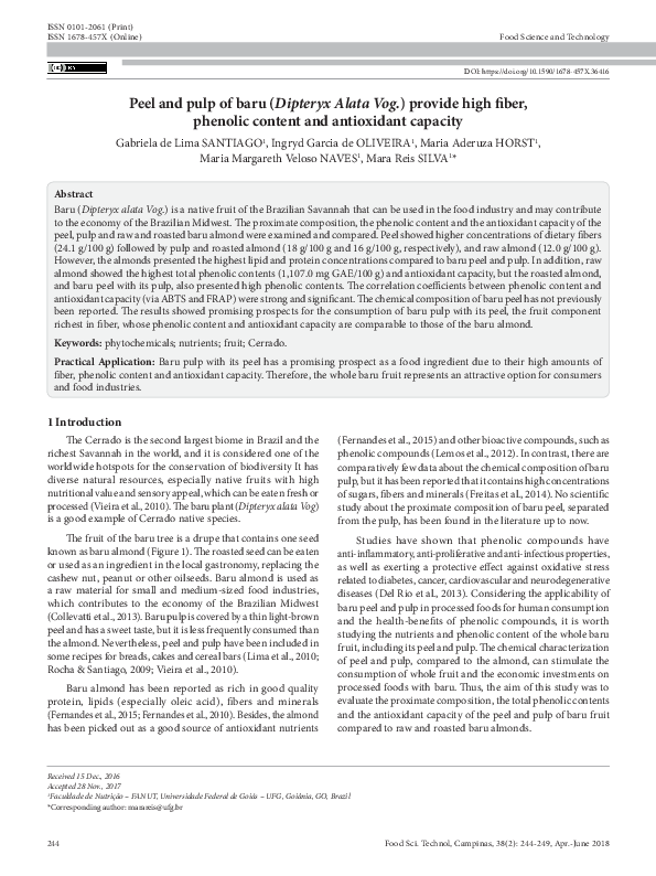 (PDF) Peel and pulp of baru (Dipteryx Alata Vog.) provide high fiber ...
