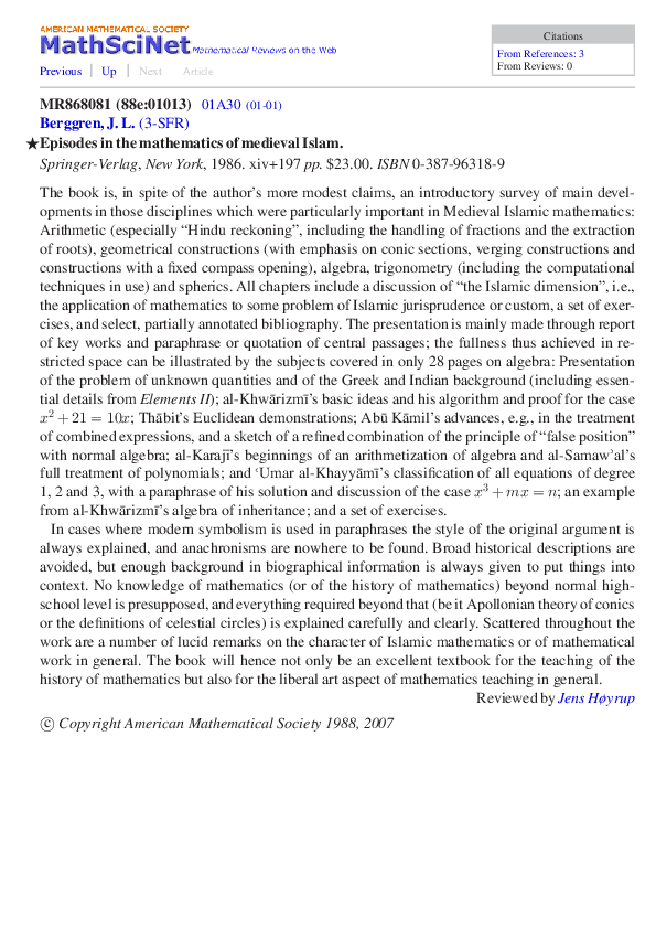 (PDF) Episodes in the Mathematics of Medieval Islam