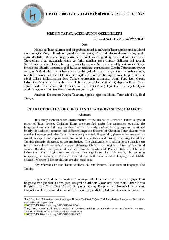 (PDF) Characteristics of Christian Tatar (Kryashens) Dialects