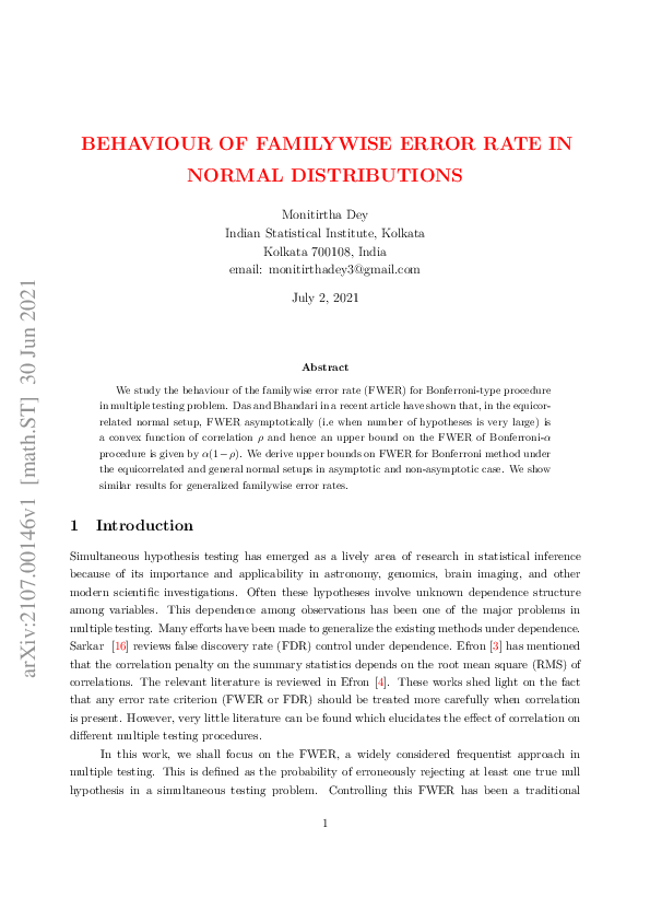 (PDF) Behaviour of Familywise Error Rate in Normal Distributions | Monitirtha Dey - Academia.edu