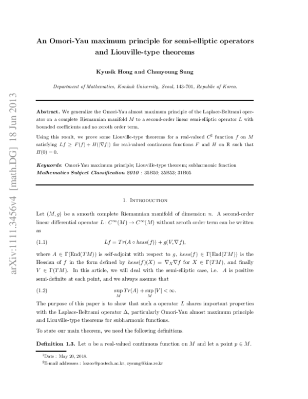 (PDF) An Omori-Yau maximum principle for semi-elliptic operators and Liouville-type theorems