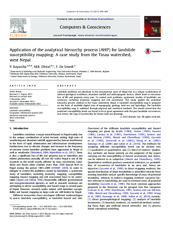 Pdf Application Of The Analytical Hierarchy Process Ahp For Landslide Susceptibility Mapping