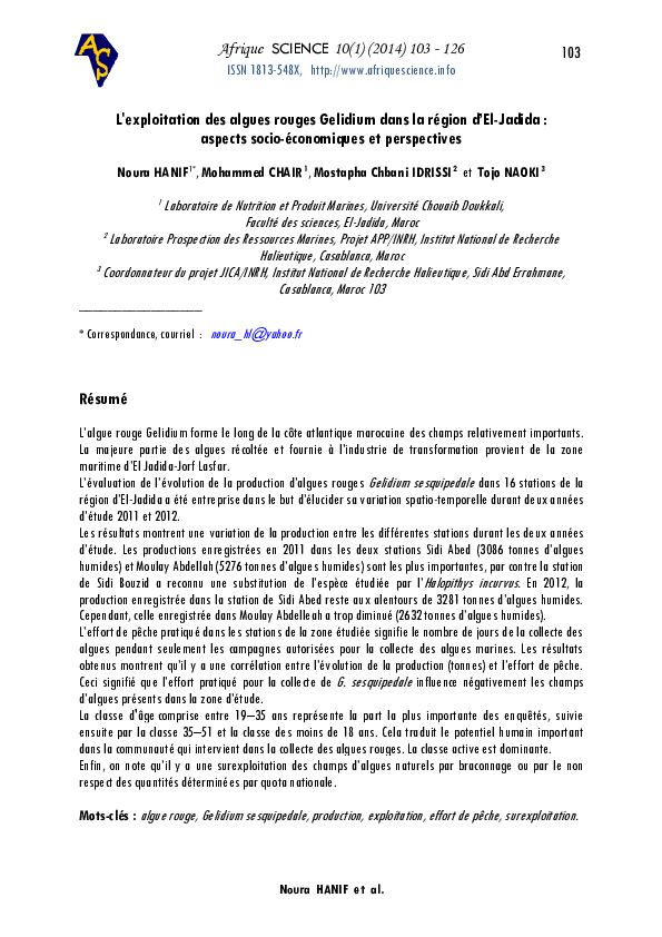 (PDF) L'exploitation des algues rouges Gelidium dans la région d’El-Jadida : aspects socio ...