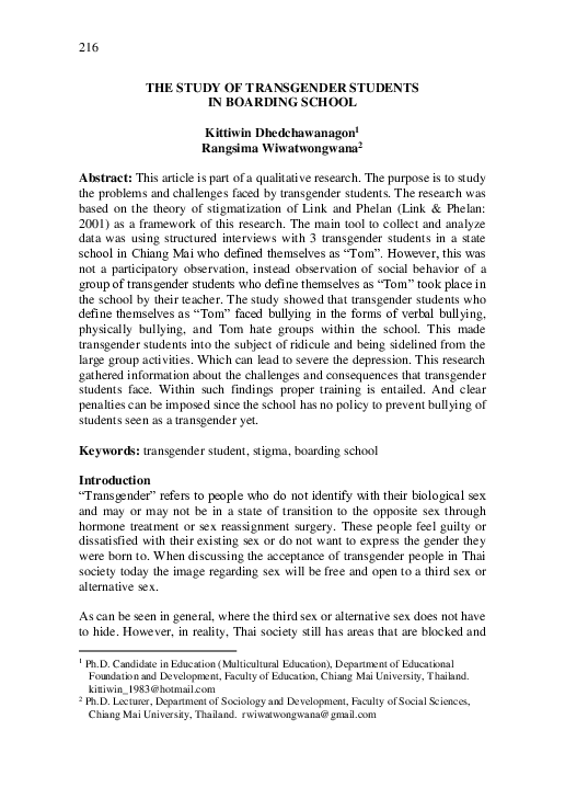 (PDF) The Study of Transgender Students in Boarding School
