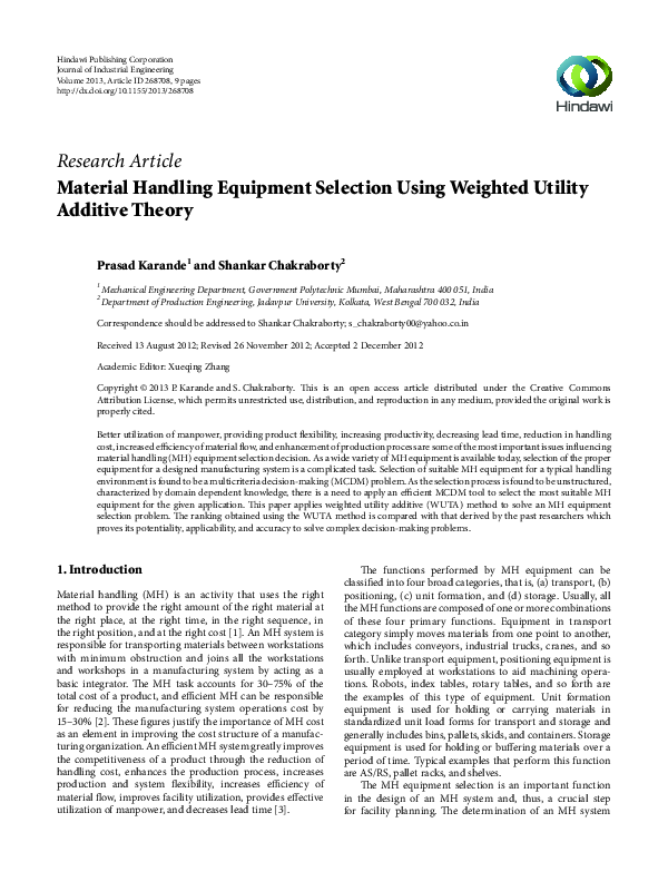 (PDF) Material Handling Equipment Selection Using Weighted Utility ...