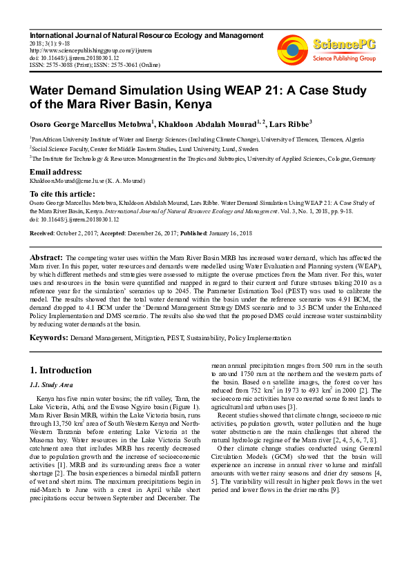 (PDF) Water Demand Simulation Using WEAP 21: A Case Study of the Mara River Basin, Kenya