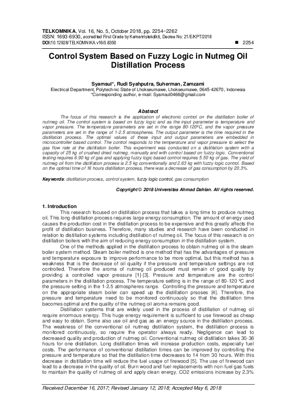 (PDF) Control System Based on Fuzzy Logic In Nutmeg Oil Distillation Process