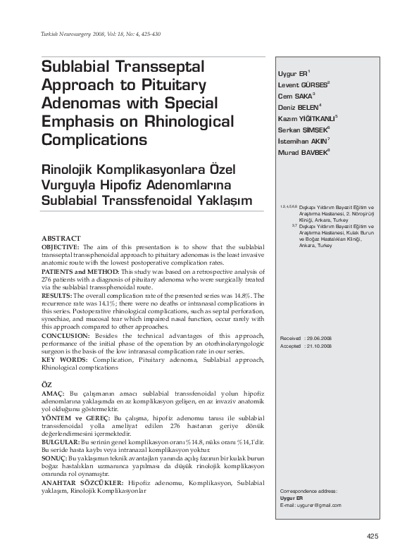(PDF) Sublabial Transseptal Approach to Pituitary Adenomas with Special ...
