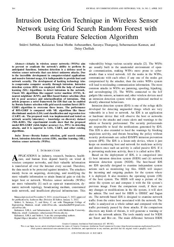 Pdf Intrusion Detection Technique In Wireless Sensor Network Using Grid Search Random Forest