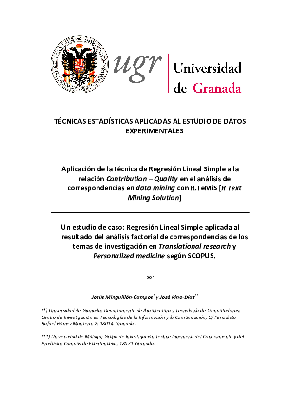 (PDF) Aplicación de la técnica de Regresión Lineal Simple a la relación Contribution – Quality ...