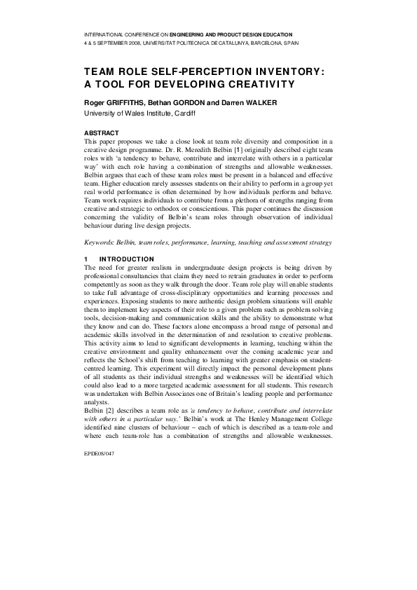 (PDF) Team Role Self-Perception Inventory: A Tool for Developing Creativity