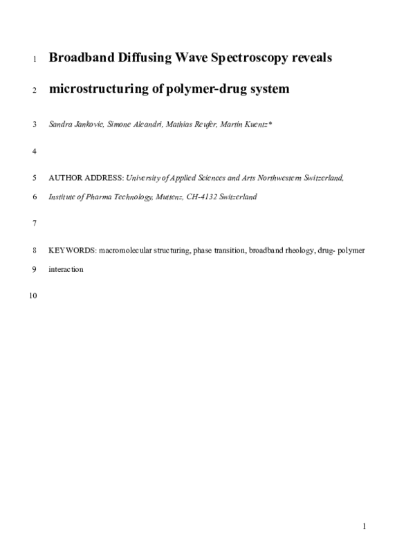 (PDF) Broadband Diffusing Wave Spectroscopy reveals microstructuring of polymer-drug system ...