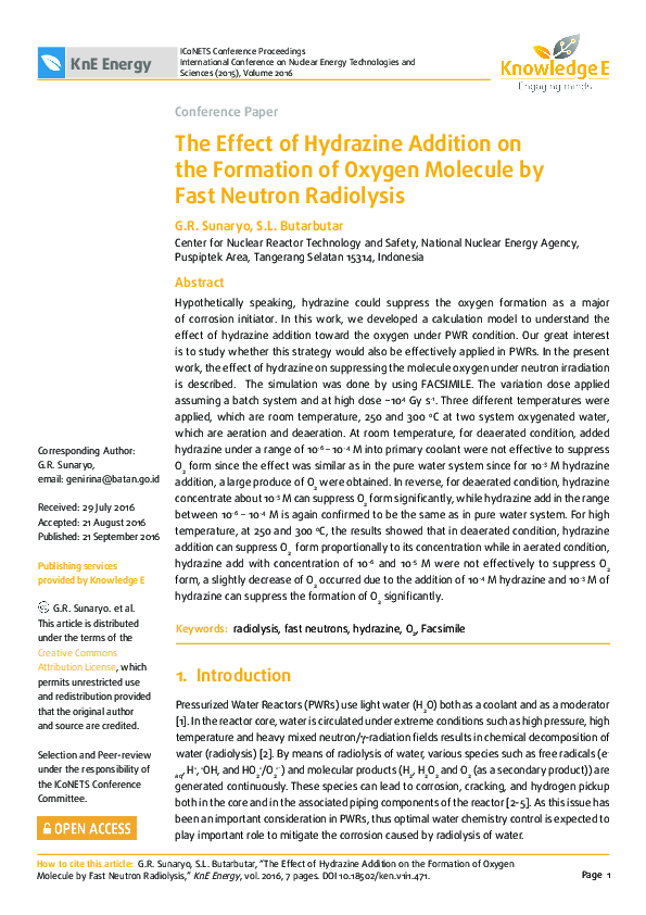 (PDF) The Effect Of Hydrazine Addition On The Formation Of Oxygen ...