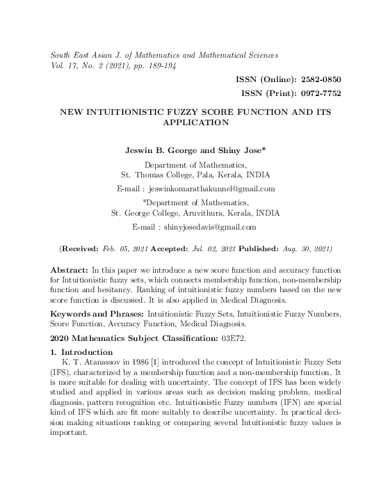 (PDF) NEW INTUITIONISTIC FUZZY SCORE FUNCTION AND ITS APPLICATION