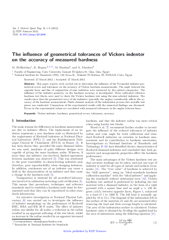 (PDF) The influence of geometrical tolerances of Vickers indenter on ...