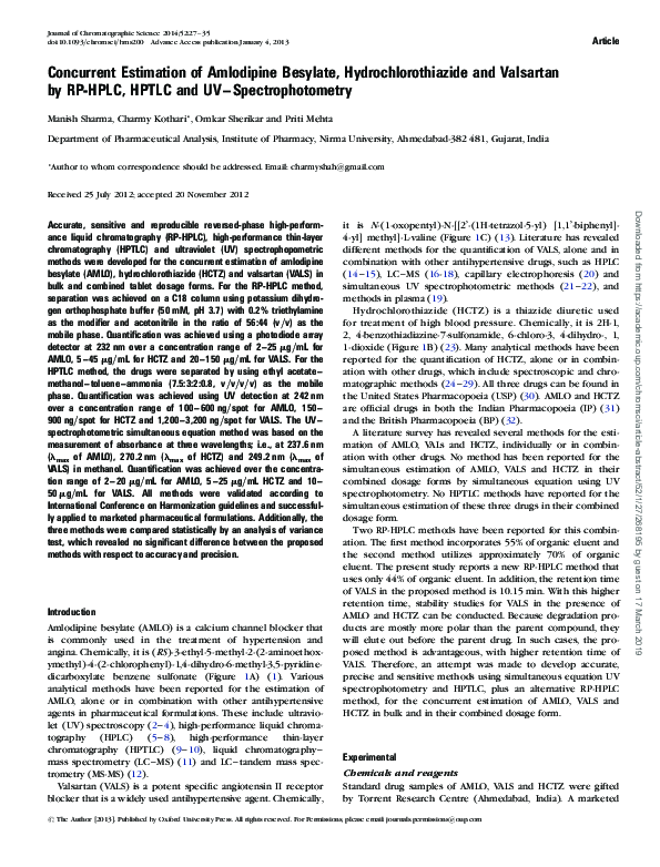 (PDF) Concurrent Estimation of Amlodipine Besylate, Hydrochlorothiazide and Valsartan by RP-HPLC ...