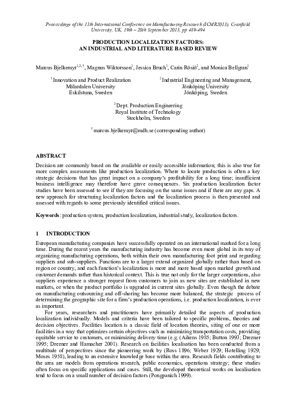 (PDF) Production Localization Factors: An Industrial and Literature ...