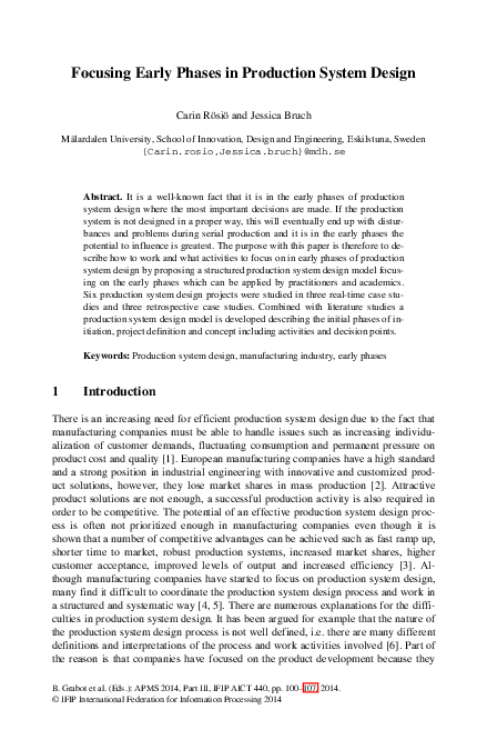 (PDF) Focusing Early Phases in Production System Design | Jessica Bruch ...