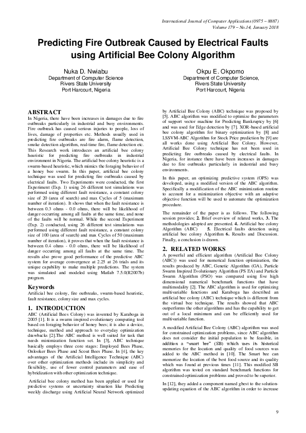 Pdf Predicting Fire Outbreak Caused By Electrical Faults Using Artificial Bee Colony Algorithm