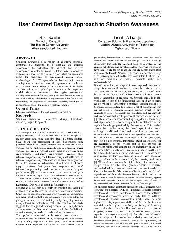 (PDF) User Centred Design Approach to Situation Awareness