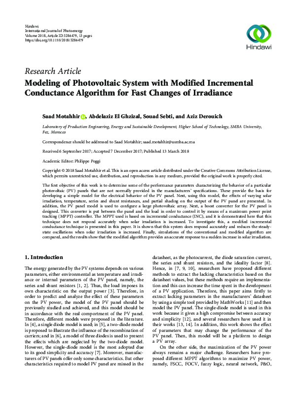 Pdf Modeling Of Photovoltaic System With Modified Incremental Conductance Algorithm For Fast