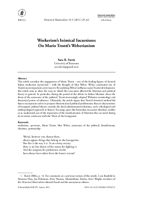 (PDF) Workerism’s Inimical Incursions: On Mario Tronti’s Weberianism