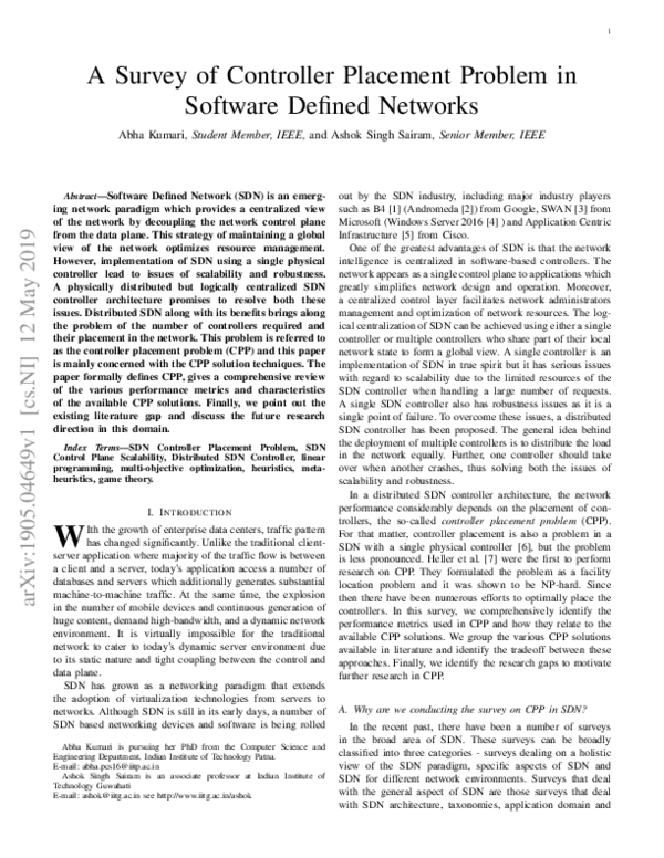 (PDF) A Survey of Controller Placement Problem in Software Defined Networks