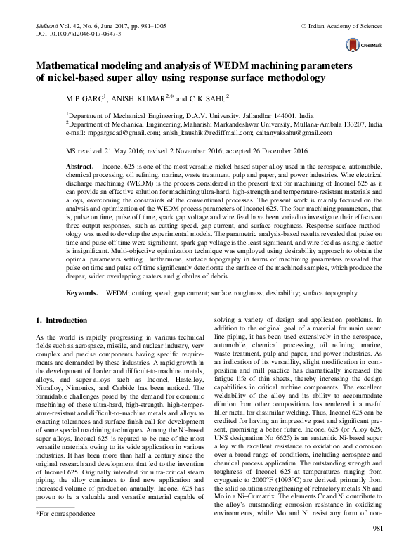 (PDF) Mathematical modeling and analysis of WEDM machining parameters of nickel-based super ...