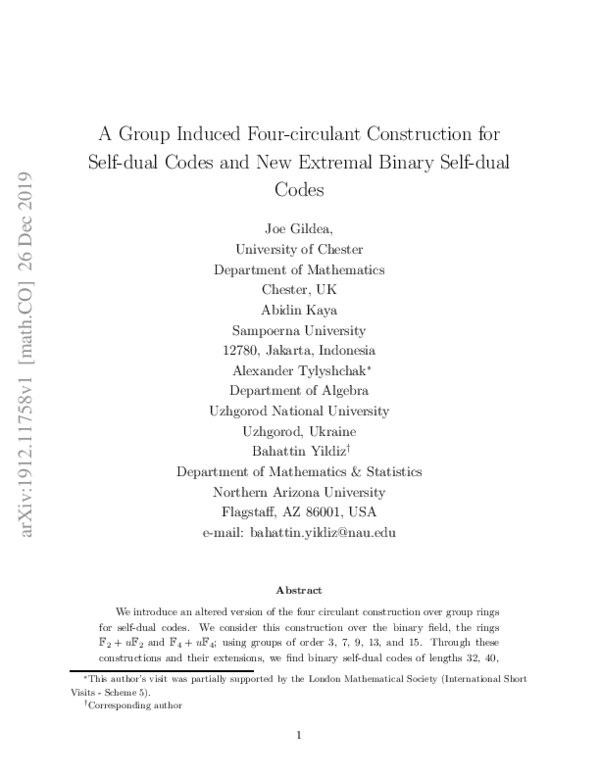 Pdf A Group Induced Four Circulant Construction For Self Dual Codes And New Extremal Binary 