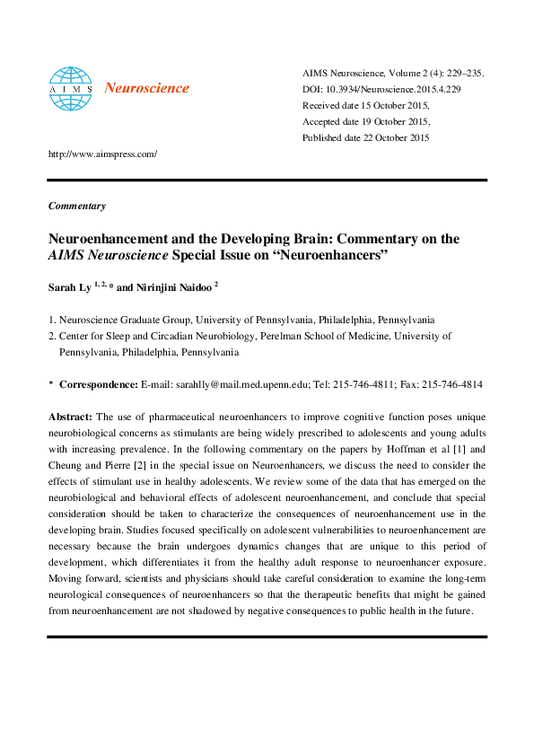 (PDF) Neuroenhancement and the Developing Brain: Commentary on the AIMS ...
