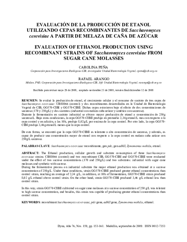 (PDF) EVALUACIÓN DE LA PRODUCCIÓN DE ETANOL UTILIZANDO CEPAS ...