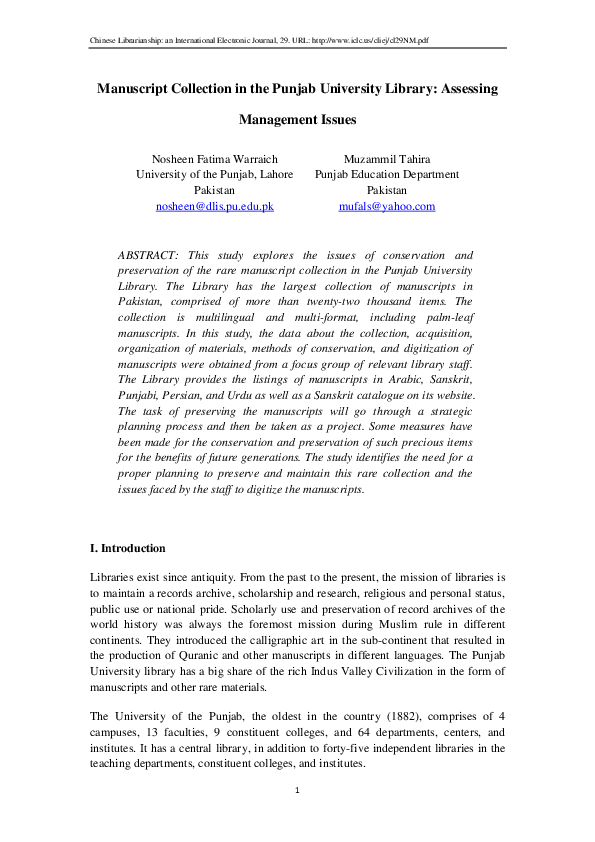 (PDF) Manuscript Collection in the Punjab University Library