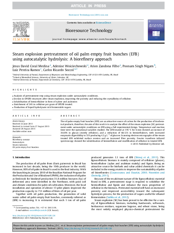 (PDF) Steam explosion pretreatment of oil palm empty fruit bunches (EFB ...