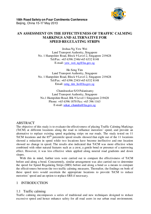 (PDF) An assessment on the effectiveness of traffic calming markings ...